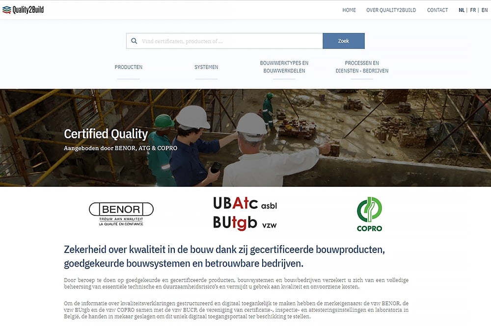 Quality2Build: centraal platform voor gecertificeerde bouwproducten, bedrijven en diensten